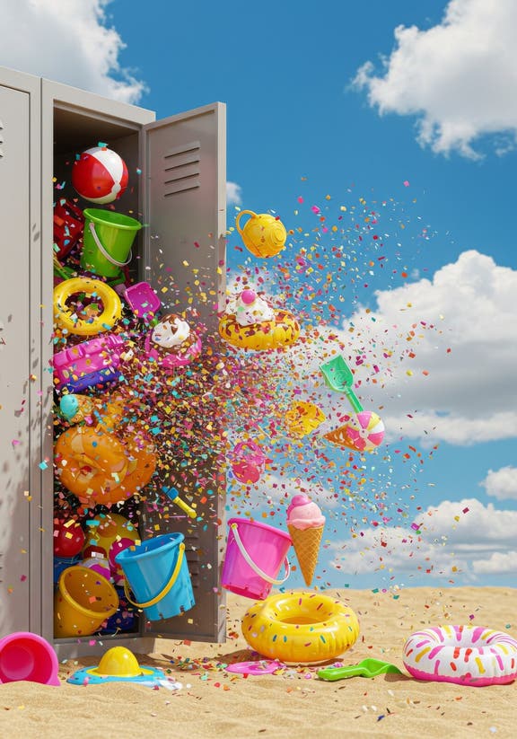Colorful Beach Toys Exploding from a Locker on Sandy Beach Stock ...