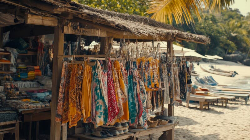 Colorful Beachfront Clothing Stall on Sandy Beach Stock Illustration ...
