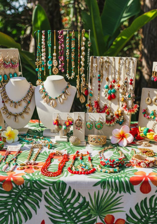 Colorful Beaded and Shell Jewelry Display at Tropical Market Stock ...