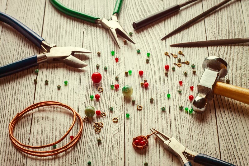 Colorful Beads, Copper Wire and Jewelry Tools. Wire Wrap Stock Photo ...