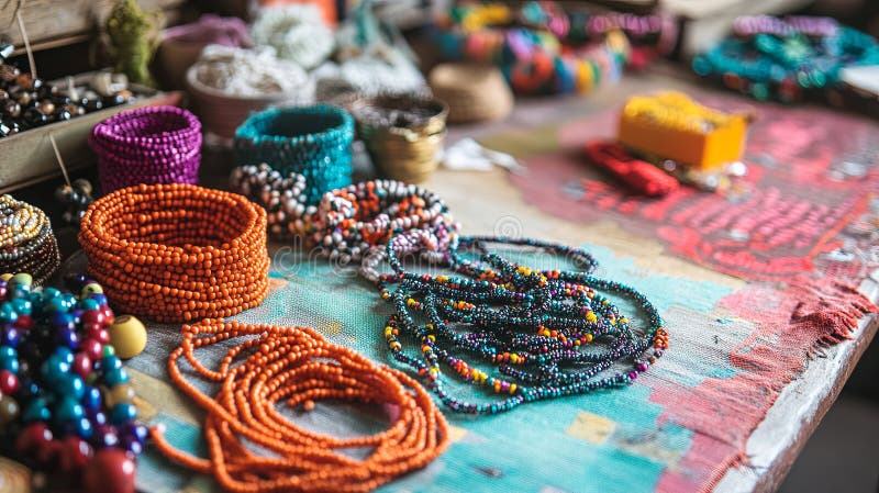 A Colorful Beadwork Station with Strings, Beads, and Bracelets in Stock ...