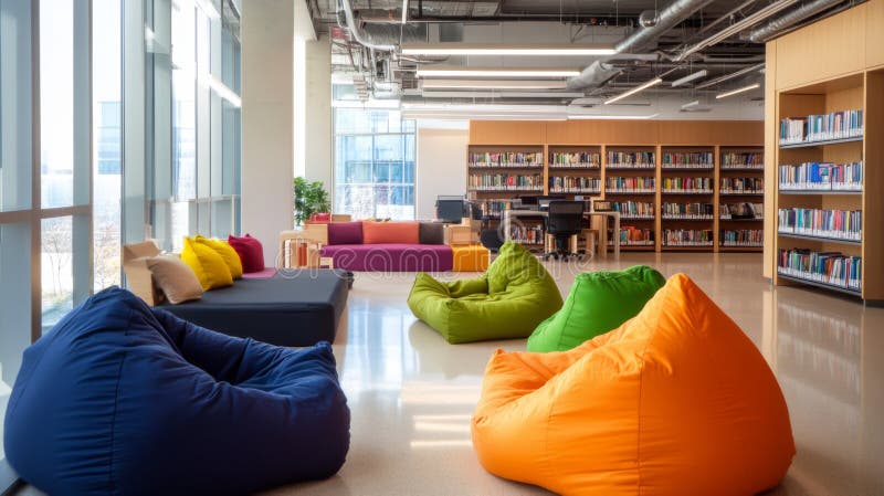 Colorful Bean Bag Chairs in a Modern Library Setting Stock Illustration ...