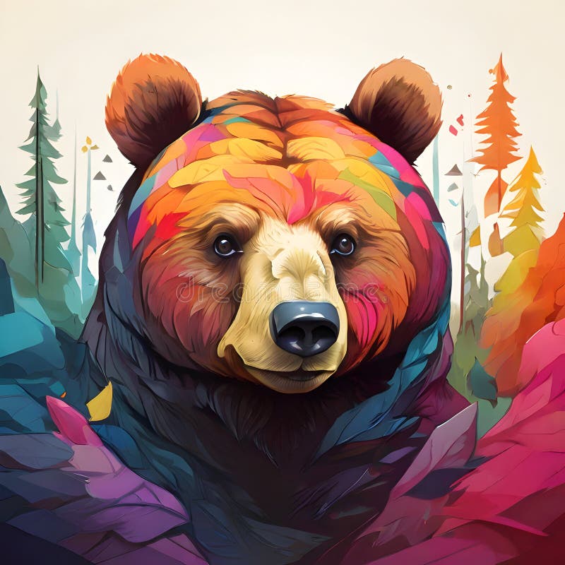 Colorful Bear Head with Colorful Forest Theme Stock Photo - Image of ...