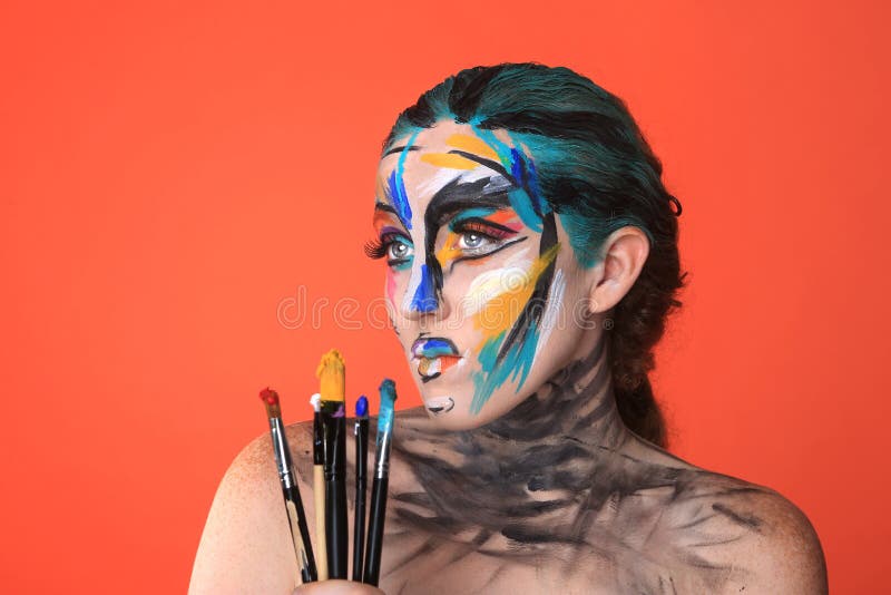 Colorful Beauty Portrait of Intense Make Up Cosmetics Stock Photo ...