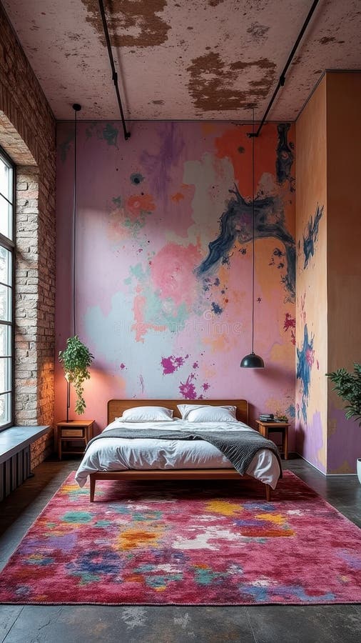 Colorful Bedroom with Artistic Wall Mural and Modern Decor Elements ...