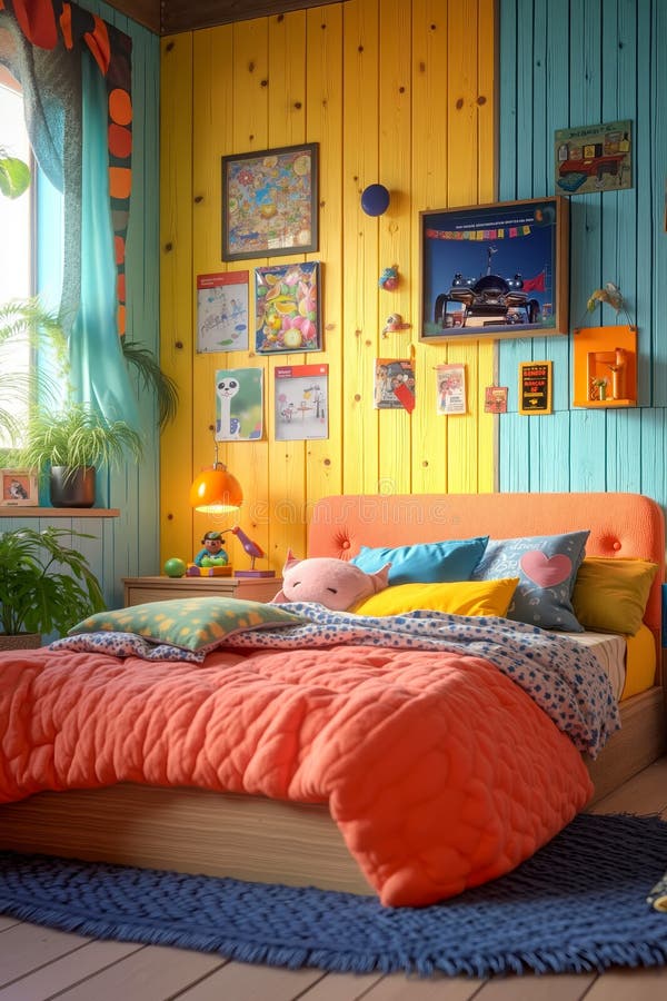 A Colorful Bedroom with a Bed and a Colorful Rug Stock Photo - Image of ...