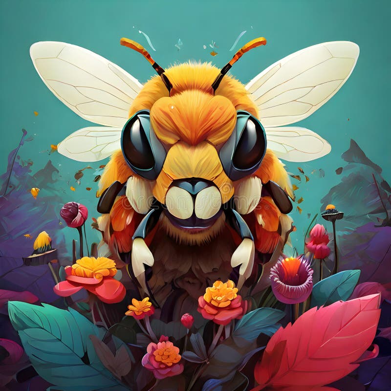 Colorful Bee Head with Colorful Forest Theme Surrounded by a Trees ...