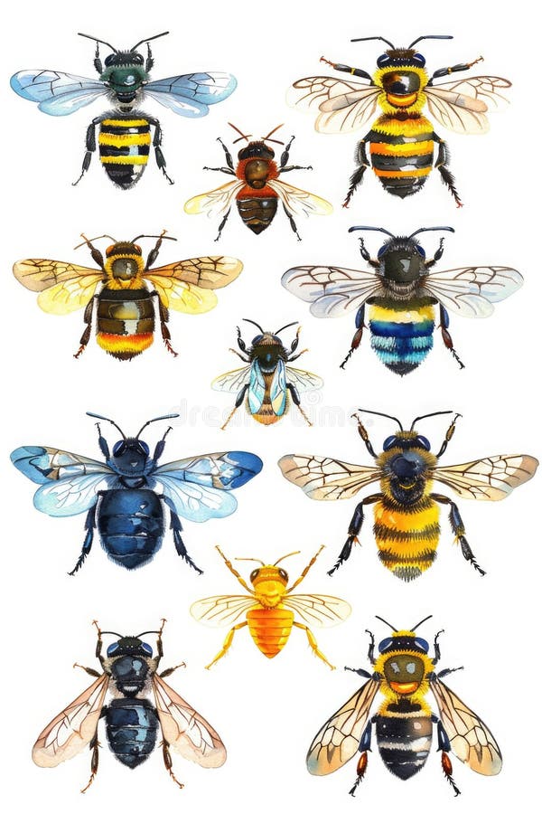 Colorful Bees on White Background Stock Photo - Image of generated ...