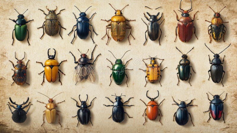 Colorful Beetle Collection on Antique Parchment Background Stock ...