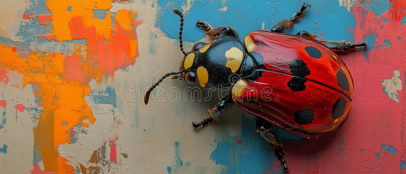 Colorful Beetle Crawling on a Painted Surface in a Vibrant Setting ...