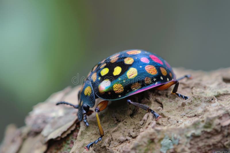 A Colorful Beetle Perched on a Tree Branch with Bright Spots on Its ...