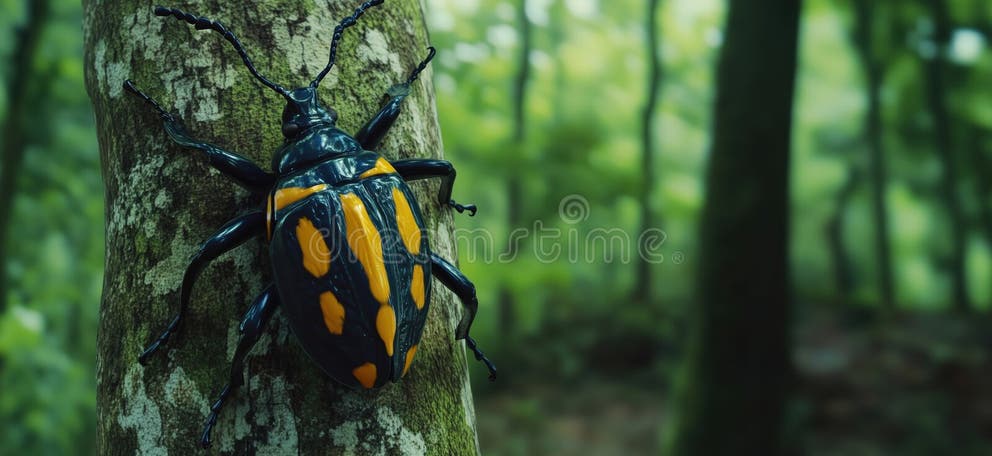 Colorful Beetle on Tree Trunk in Lush Green Forest Environment Stock ...