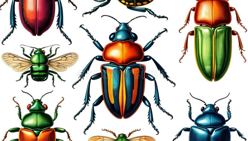 Colorful Beetles and Insects Artfully Illustrated on a White Background ...