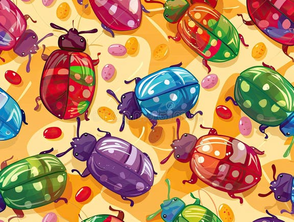Colorful Beetles and Jellybeans in a Playful Pattern Stock Illustration - Illustration of design ...