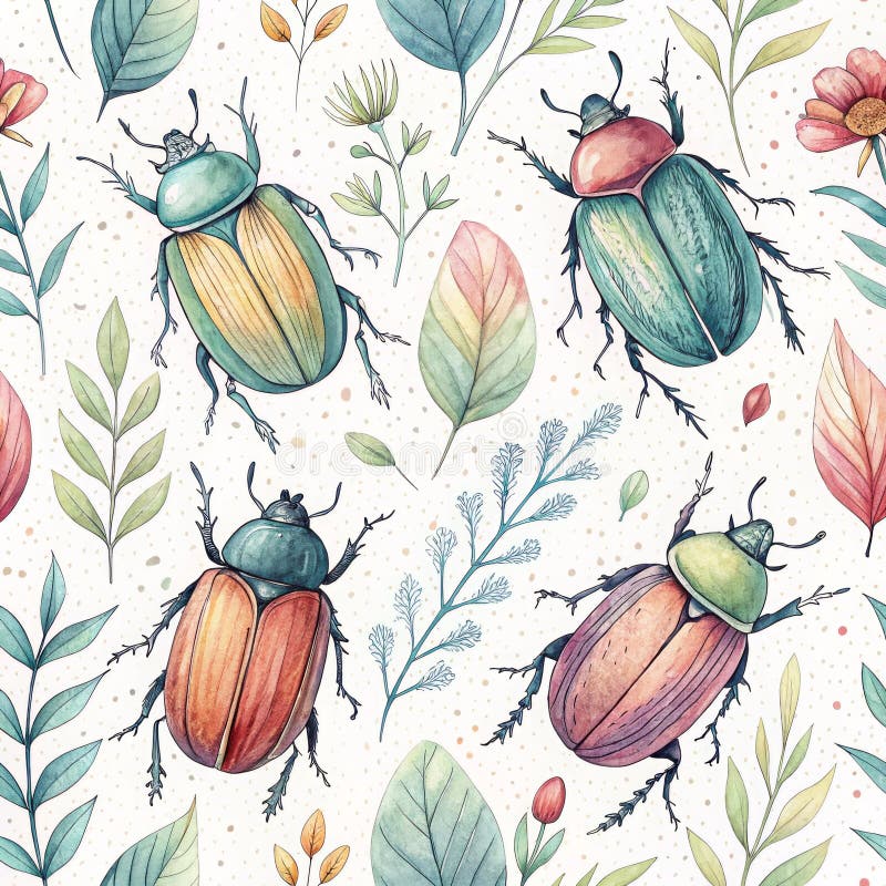 Colorful Beetles and Leaves Pattern with Watercolor Effect Stock ...