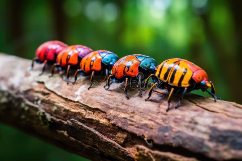 Colorful Beetles in Line on a Tree Branch Stock Illustration ...