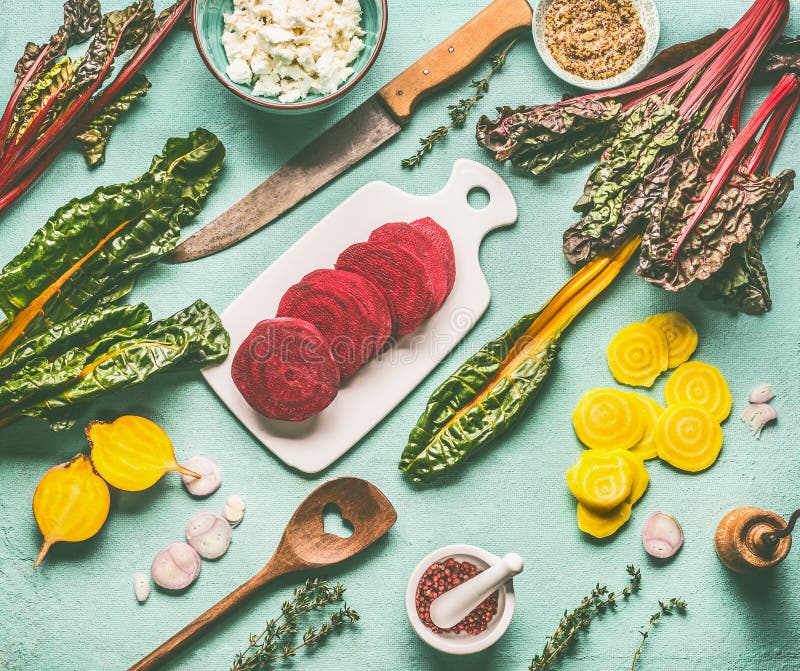 Colorful Beetroot Cooking Flat Lay. Red and Yellow Beetroot with Chard ...