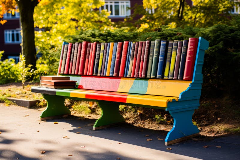 Colorful Bench with Books on it in Park Area. Generative AI Stock Image ...