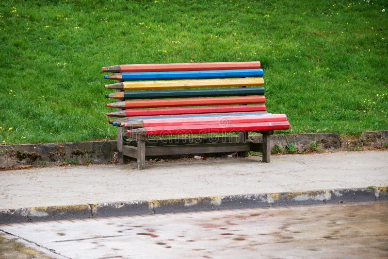 Colorful Bench Made of Boards in the Form of Colored Pencils at the ...