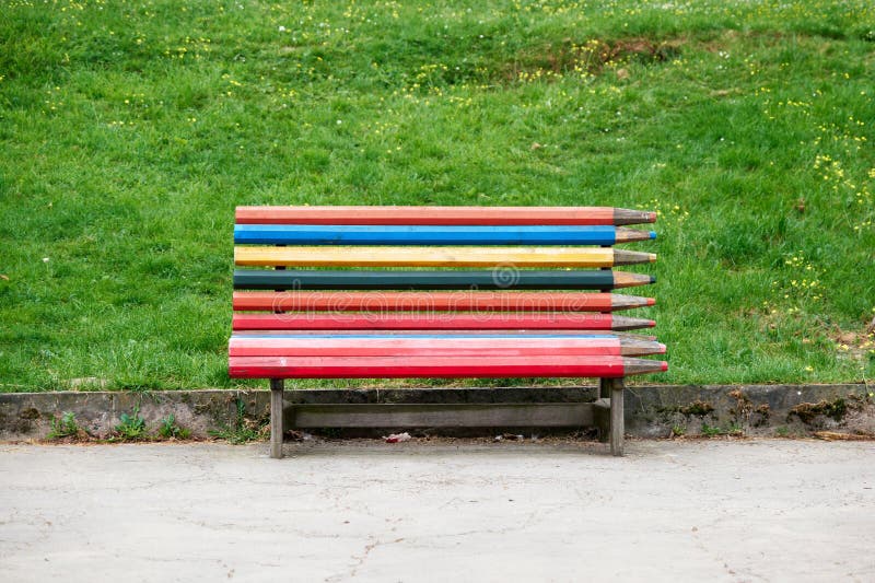 Colorful Bench Made of Boards in the Form of Colored Pencils at the ...