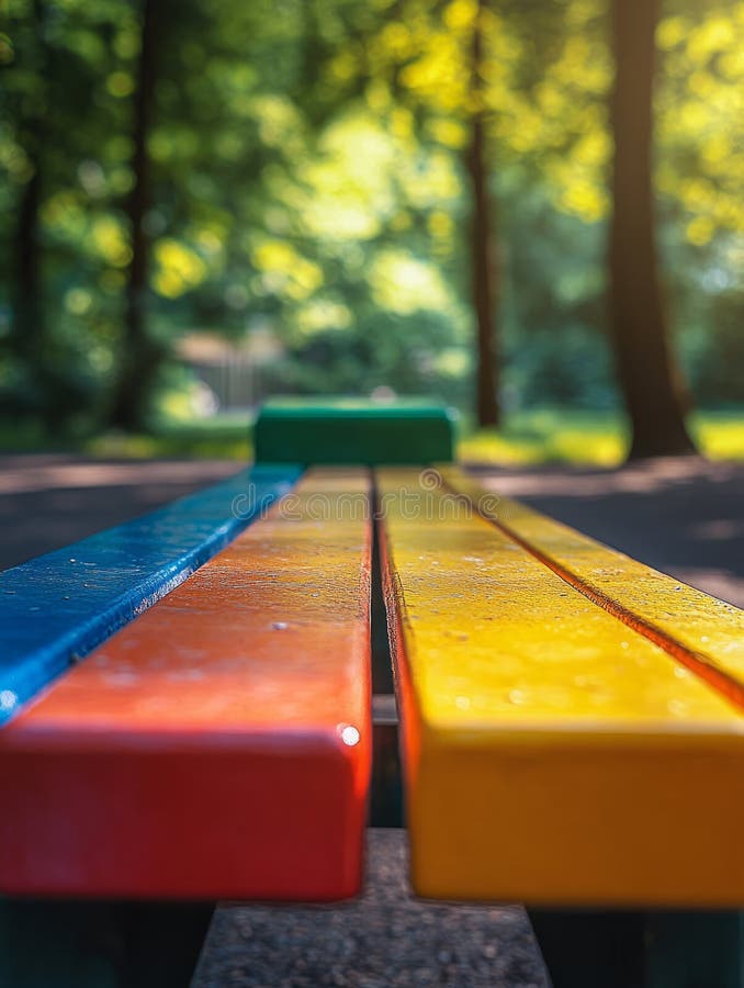 Colorful Bench in a Sunlit Park with a Blurred Background. Stock Photo ...