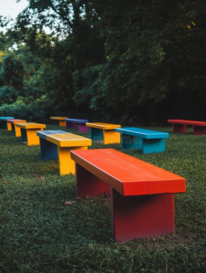 Colorful Benches Arranged in a Park Setting Stock Image - Image of ...