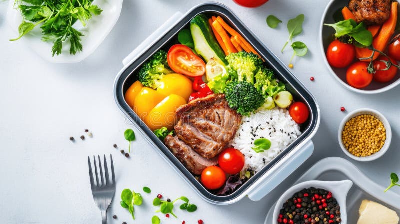 Colorful Bento Box with Grilled Steak, Fresh Vegetables, and Rice Stock ...