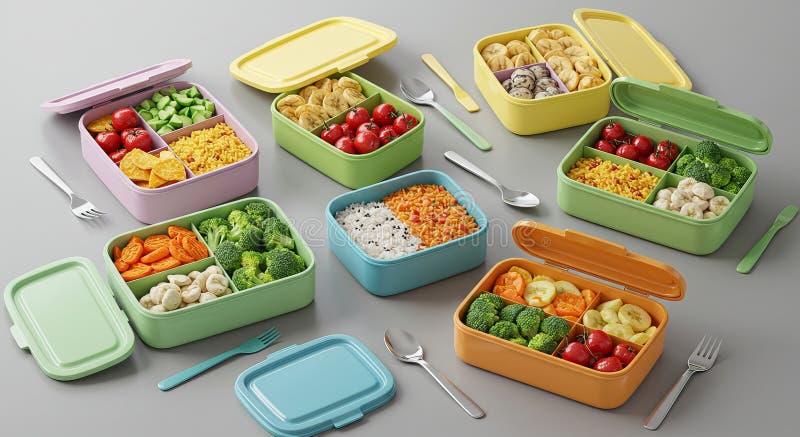 Colorful Bento Boxes Filled with Fresh Vegetables, Rice, and Pasta on a ...
