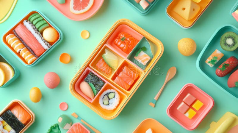 Colorful Bento Boxes with Sushi and Fruit on Teal Background Stock ...