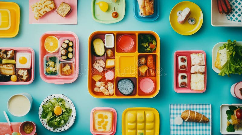 Colorful Bento Boxes with Various Kids Meals on Teal Background Stock ...