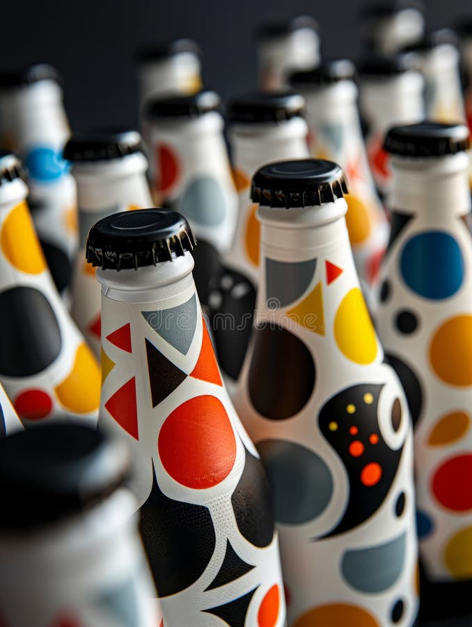 Colorful Beverage Bottles with Geometric Patterns in Focus. Stock Image ...