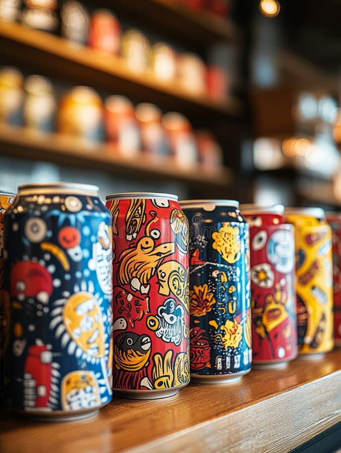 Colorful Beverage Cans with Artistic Designs on a Shelf. Stock Image ...
