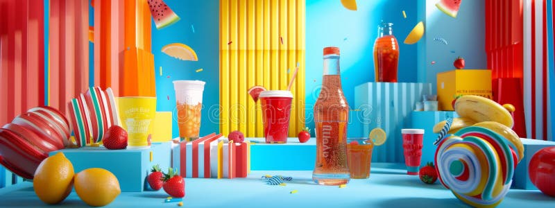 Colorful Beverages and Snacks in a Dynamic Modern Setting Stock Photo ...