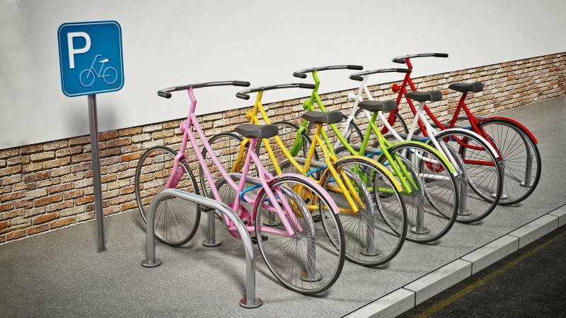 Colorful Bicycles in Bicycle Parking Area. 3D Illustration Stock ...