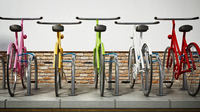 Colorful Bicycles in Bicycle Parking Area. 3D Illustration Stock ...