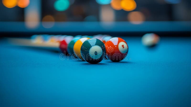 Colorful Billiard Balls Lined Up on a Vibrant Pool Table Under Soft ...