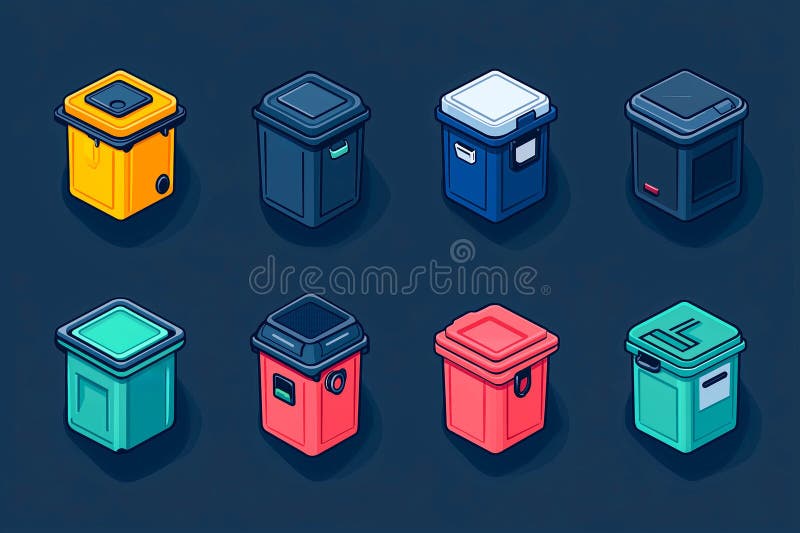 Colorful Bin Icon Set on Dark Background. Colorful Bins Stock ...