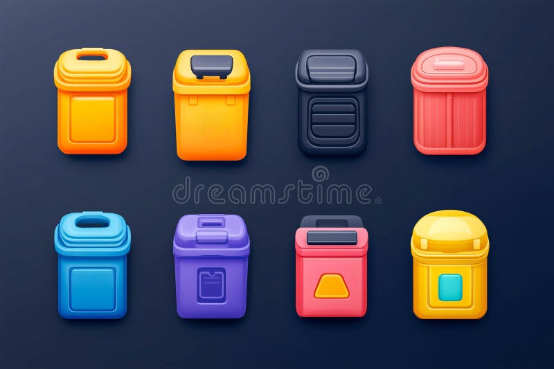 Colorful Bin Icon Set on Dark Background. Colorful Bins Stock ...