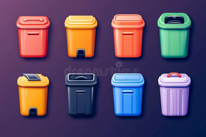Colorful Bin Icon Set on Dark Background. Colorful Bins Stock ...
