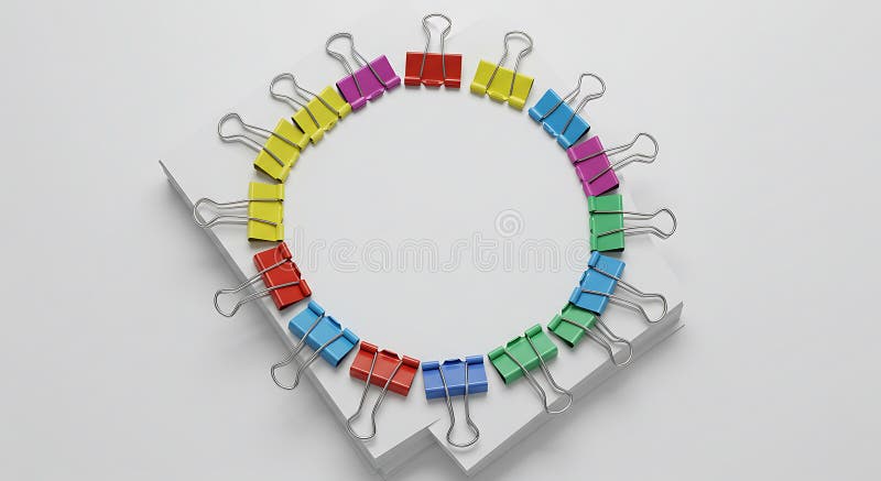 Colorful Binder Clips Arranged in a Circular Pattern on a Stack of ...