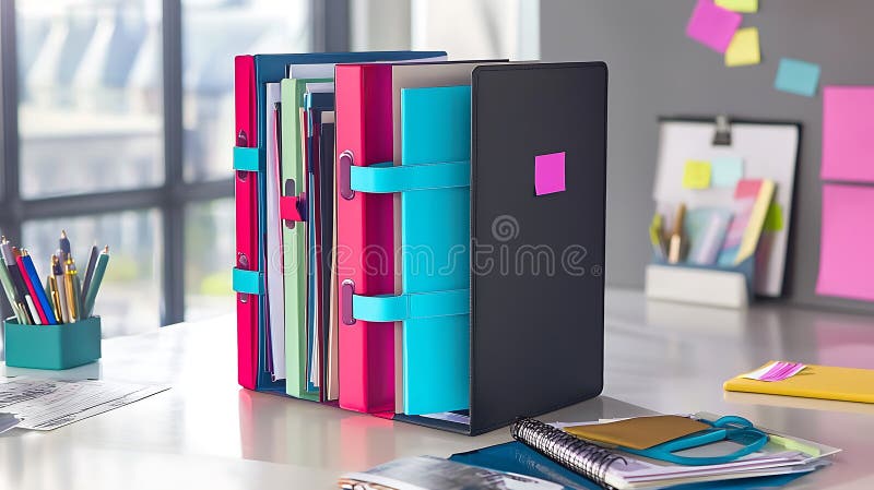 Colorful Binders and Office Supplies on Desk Stock Image - Image of ...