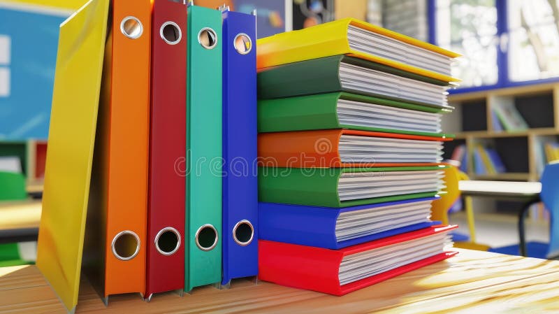 Colorful Binders and Stacks of Notebooks on a Desk in a Bright and ...