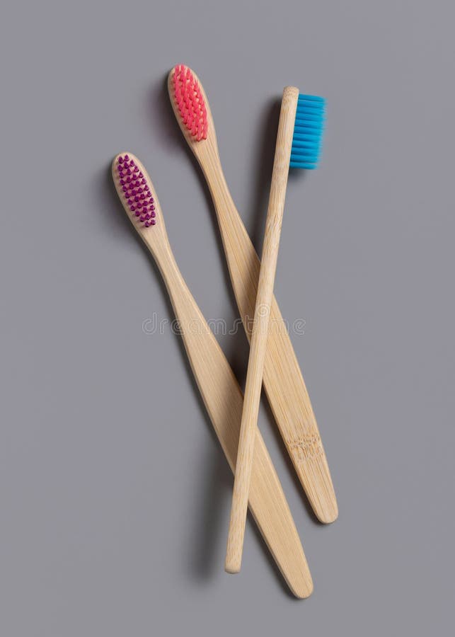 Colorful Biodegradable Bamboo Toothbrushes on a Gray Top View. Zero ...