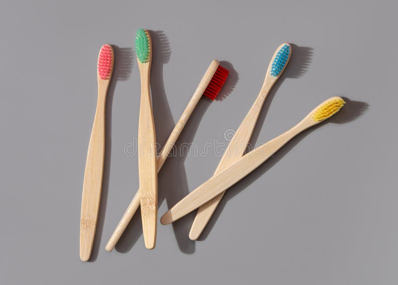 Colorful Biodegradable Bamboo Toothbrushes on a Gray Top View. Zero ...
