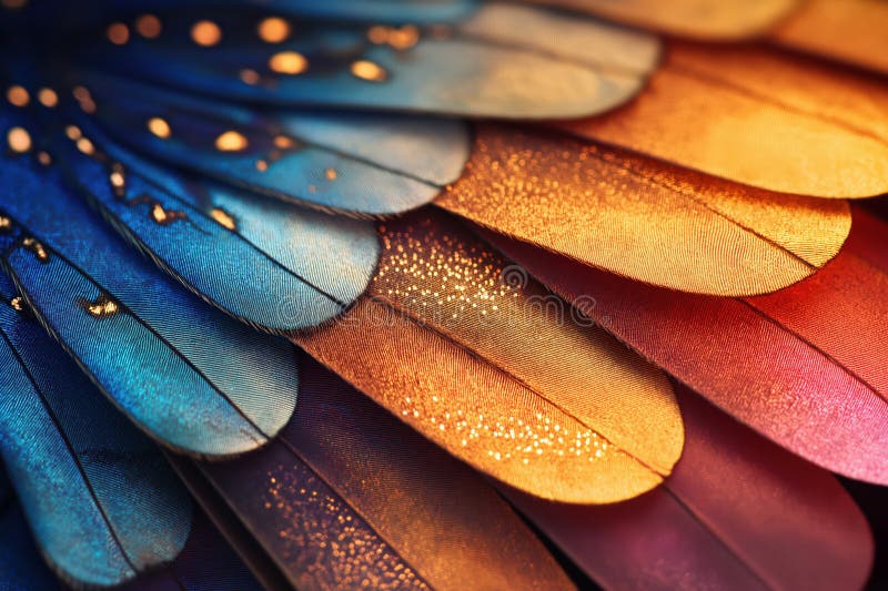 Colorful Bird Feathers Creating a Gradient Effect with Golden Glitter ...