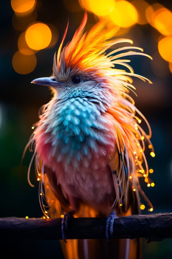Colorful Bird with Feathers on Its Head and Tail, with Lights in the ...
