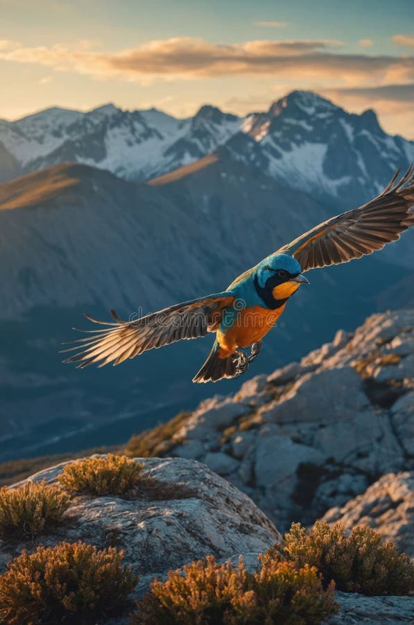 Stunning Blue Bird in Flight Over Majestic Mountains at Sunrise Stock ...