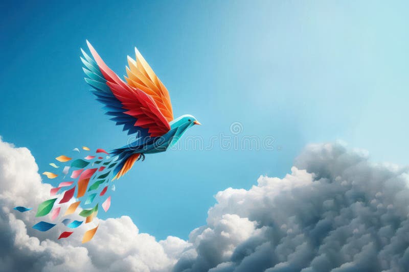 Colorful Bird Flying Above the Clouds. Space for Text. Stock Image ...