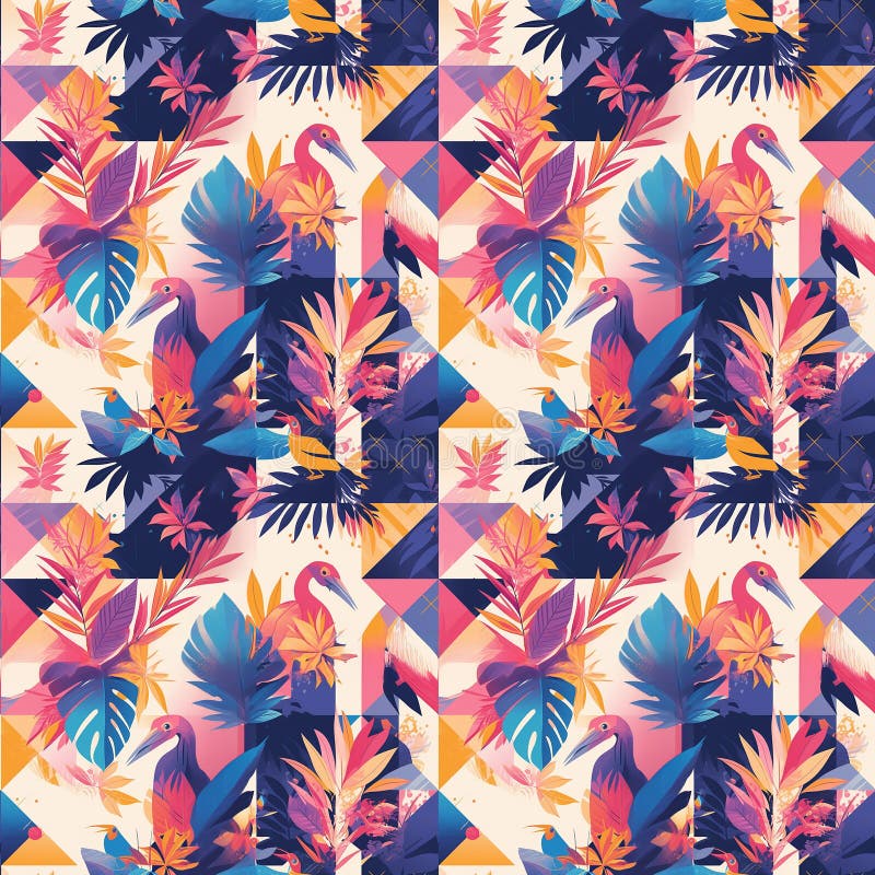 Colorful Bird and Geometric Leaf Pattern Stock Illustration ...