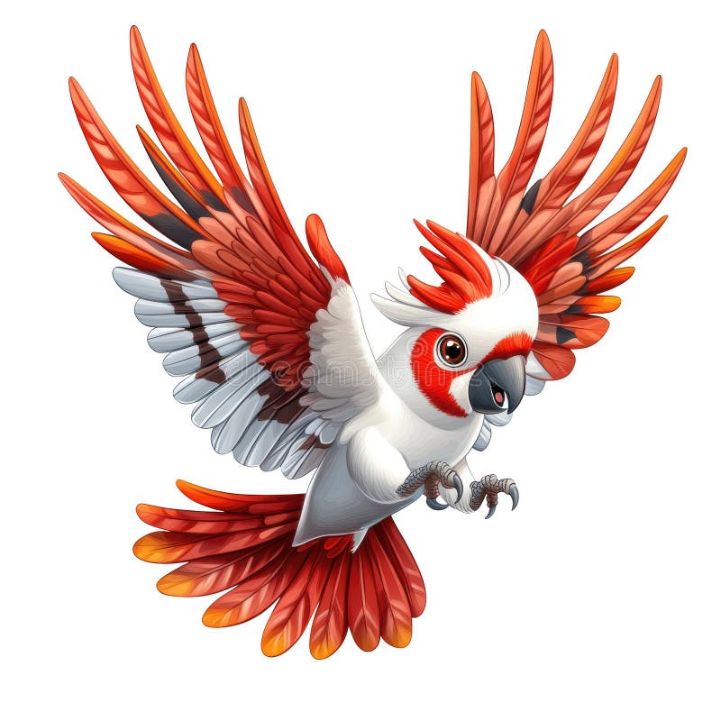 Colorful Bird with Red and White Feathers Flying with Wings Spread Wide ...